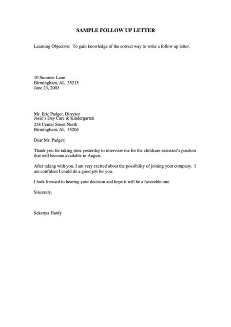 Sample Follow Up Letter Printable Pdf Download