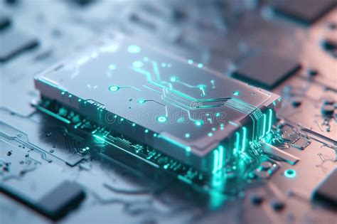 a glowing microchip is showcased on a metallic surface featuring