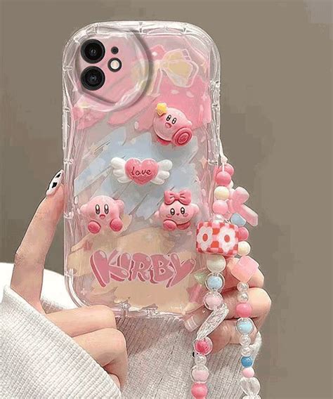 🎀아이폰전기종 별의커비 웨이브 물결 풀커버 실리콘 투명 입체 파츠 캐릭터 핑크 커비 귀여운 비즈 스트랩 핸드폰줄 키링 아이폰 케이스 에이블리