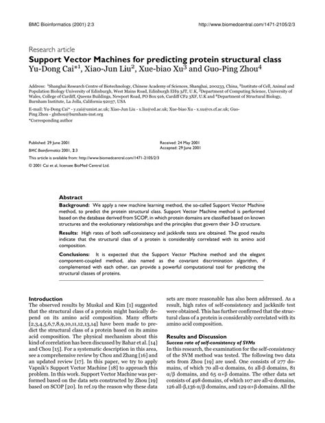 PDF Support Vector Machines For Predicting Protein Structural Class