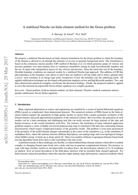 PDF A Stabilized Nitsche Cut Finite Element Method For The Oseen Problem