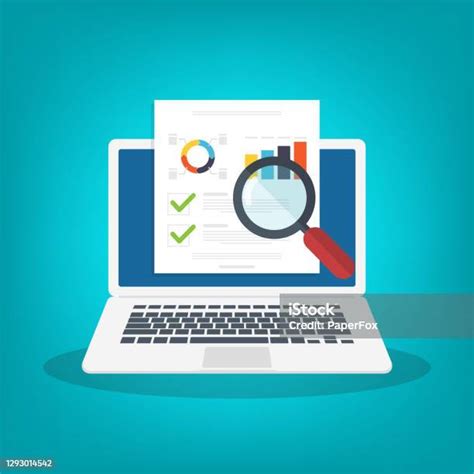 데이터 분석 랩톱 컴퓨터의 데이터 보고서 재무 감사 연구 분석 분석 문서 웹 보고서 통계 평가 벡터 일러스트레이션 개선에 대한 스톡 벡터 아트 및 기타 이미지 Istock
