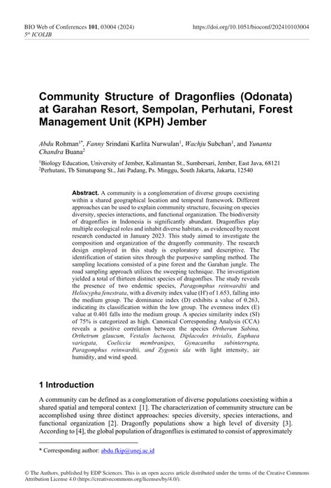 Pdf Community Structure Of Dragonflies Odonata At Garahan Resort Sempolan Perhutani