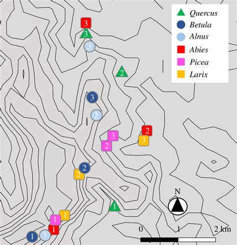 sampling plots of each tree species plot numbers in the symbols are