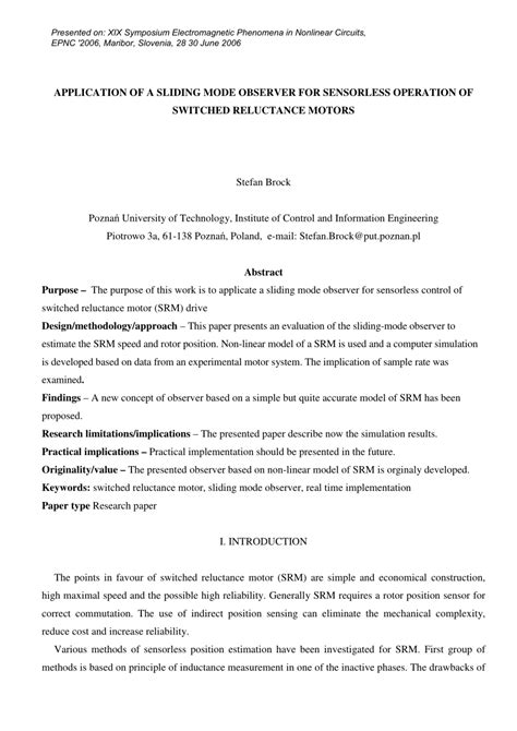 Pdf Application Of A Sliding Mode Observer For Sensorless Operation