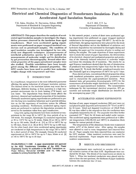 Pdf Electrical And Chemical Diagnostics Of Transformers Insulation Part B Accelerated Aged