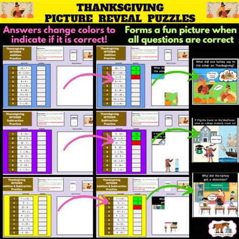 Add Subtract Multiply Divide Integer Picture Reveal 6 Thanksgiving Activities