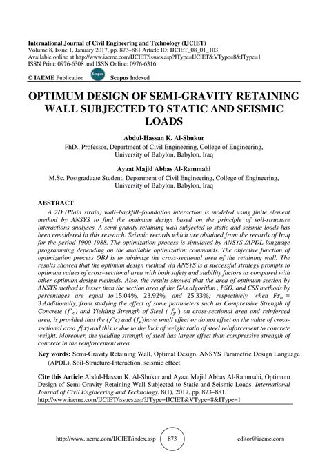 Optimum Design Of Semi Gravity Retaining Wall Subjected To Static And Seismic Loads Pdf