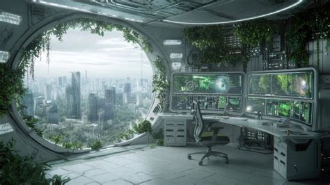 Exploring The Future Of Work In A Smart Office With A City View And Digital Transformation Stock