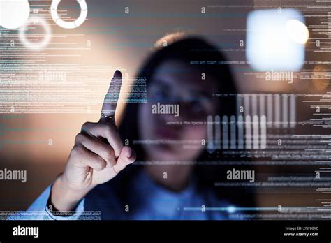Touch Screen Hologram And Woman With Data Analytics Coding Software And Programming Developer