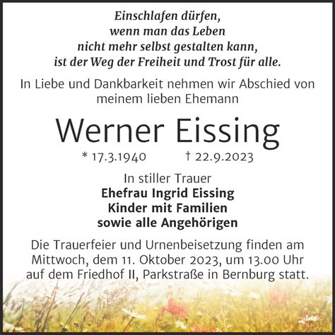 Traueranzeigen Von Werner Eissing Abschied Nehmen De