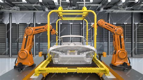 Premium Ai Image Automation Automobile Factory With 3d Rendering Robot Assembly Line