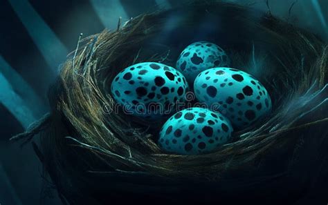 Speckled Teal Eggs In Dark Nest Artistic Digital Art Blue Bird Black