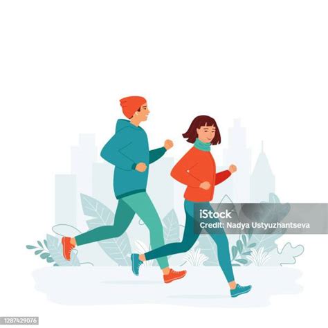 스포티한 옷을 입은 젊은 남자와 여자가 달린다 가족 적극적인 건강한 라이프 스타일 컨셉 여가 활동 주말 도시 마라톤 대회 아침 저녁 조깅 벡터 일러스트레이션 조깅에 대한