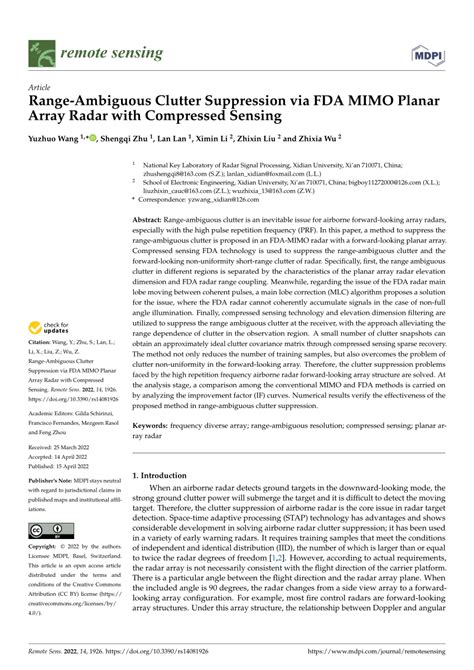 Pdf Range Ambiguous Clutter Suppression Via Fda Mimo Planar Array Radar With Compressed Sensing