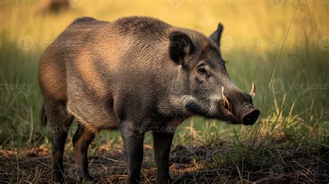 An Adult Wild Boar With Tusks Stands In A Field Bathed In Warm Light