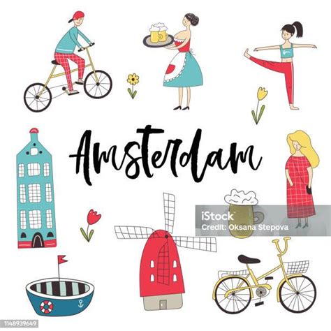 치료와 재미 손으로 그려진 요소와 암스테르담의 명소의 큰 세트 벡터 일러스트입니다 암스테르담에 대한 스톡 벡터 아트 및 기타 이미지 암스테르담 지도 가리기 Istock