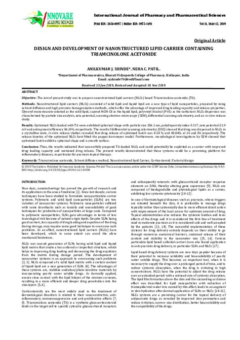 Pdf Design And Development Of Nanostructured Lipid Carrier Containing Triamcinolone Acetonide