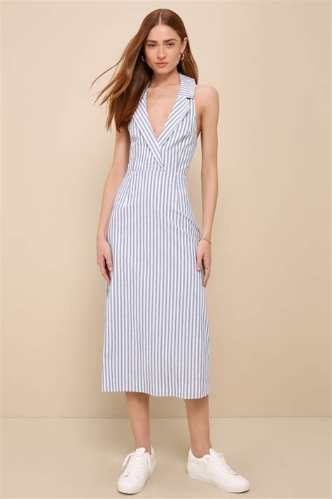 White And Blue Striped Dress Cutout Midi Dress A Line Dress Lulus