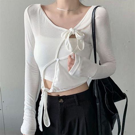 오앤드 슬림여리핏 리본 크롭 레이어드 가디건 긴팔 티셔츠2color 위시버킷