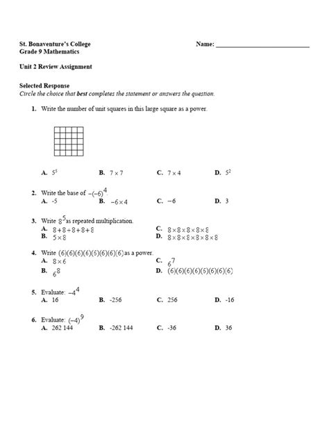 Grade 9 Math Unit 2 Review Assignment Download Free Pdf Applied Mathematics Arithmetic