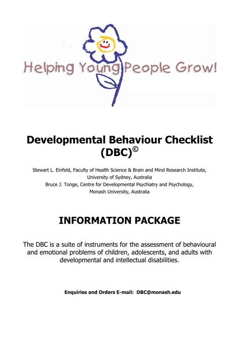 PDF Developmental Behaviour Checklist DBC PDF FileThe Developmental Behaviour Checklist