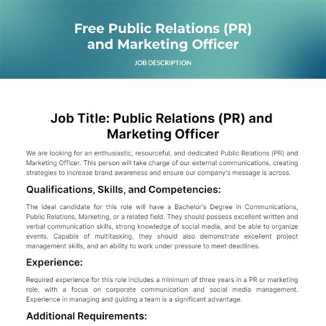 Free Public Relations Pr And Marketing Officer Job Description Template To Edit Online