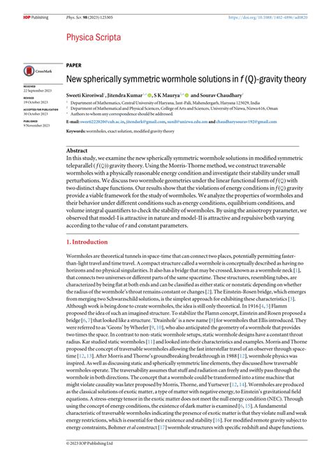 New Spherically Symmetric Wormhole Solutions In F Q Gravity Theory Request Pdf