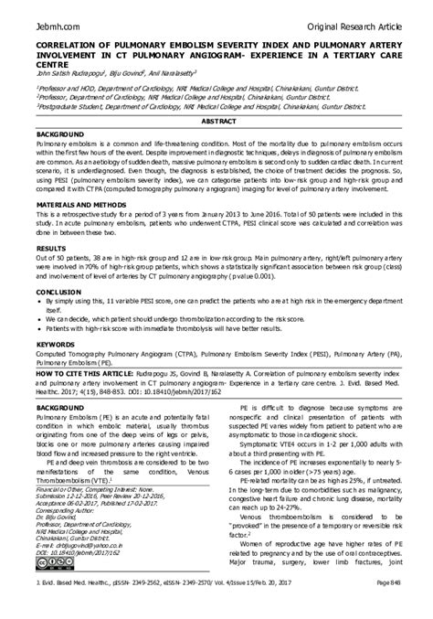Pdf Correlation Of Pulmonary Embolism Severity Index And Pulmonary