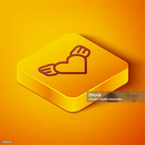 주황색 배경에 격리된 날개 아이콘이 있는 등색 선 하트 사랑의 상징 발렌타인 노란색 사각형 버튼입니다 벡터 고풍스런에 대한 스톡 벡터 아트 및 기타 이미지 Istock