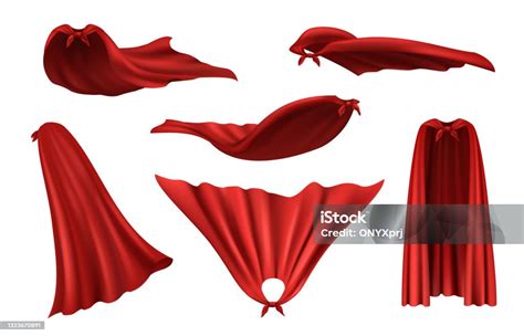 슈퍼 히어로 케이프 주름 괜찮은 벡터 현실적인 사진 세트 실크 섬유 의류 의상에서 빨간 유행 비옷 망토에 대한 스톡 벡터 아트 및 기타 이미지 Istock