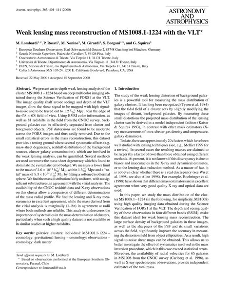 Pdf Weak Lensing Mass Reconstruction Of Ms1008 1 1224 With The Vlt