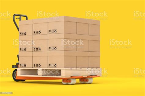 나무 팔레트 위에 골판지 상자와 손 팔레트 트럭 3d 렌더링 손에 대한 스톡 사진 및 기타 이미지 손 지게차 화물운반대