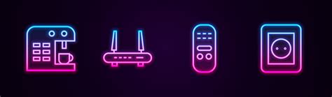 세트 라인 커피 머신 라우터 및 와이파이 신호 원격 제어 및 전기 콘센트 빛나는 네온 아이콘 벡터 누름 버튼에 대한 스톡 벡터 아트 및 기타 이미지 Istock