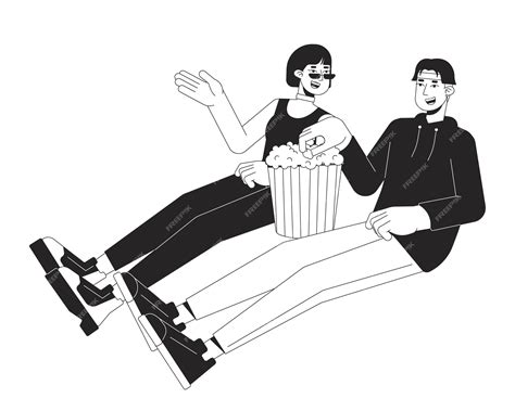 한국의 젊은 성인 커플이 영화 흑백 2d 라인 만화 캐릭터 남자친구 여자친구 함께 영화를 보는 고립된 ⁇ 터 윤 ⁇ 사람들이