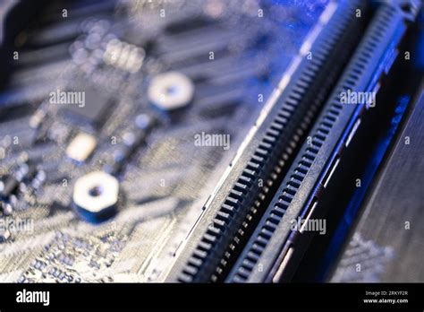 Motherboard Sockets And Connectors Close Up On Modern Desktop PC Computer Hardware Chipset