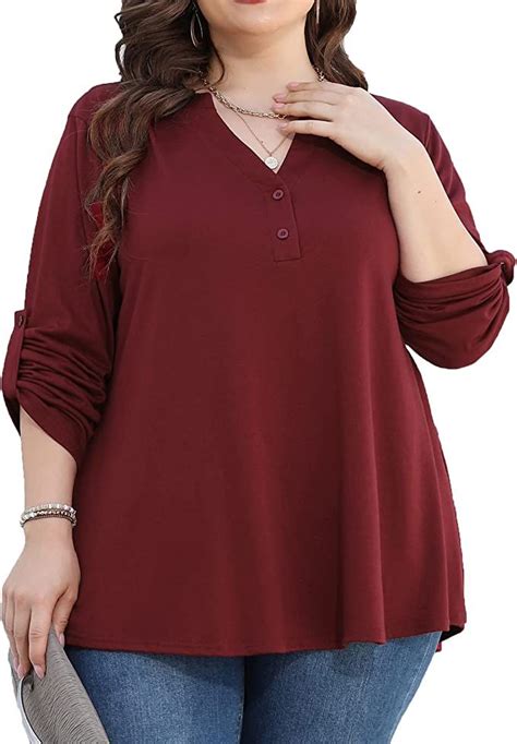 Eanklosco Womens Plus Size Tops 34 Roll Long Sleeves Shirts Blouses V