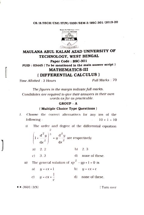 Differential Calculus C8bcseitnoddsem 3 Bsc 3012019 Maulana Abul Kalam Azad