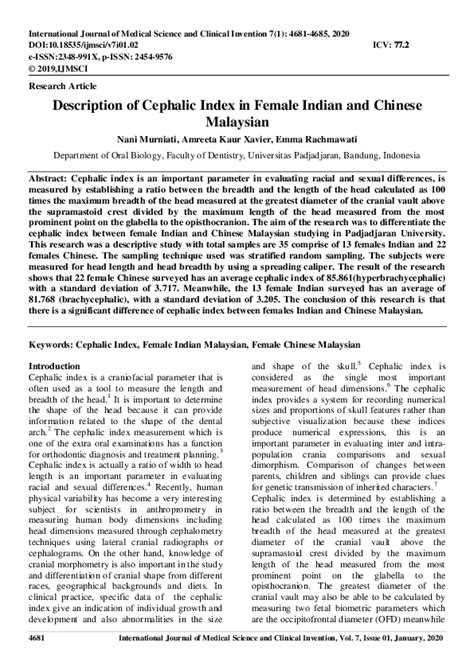 Pdf Description Of Cephalic Index In Female Indian And Chinese Malaysian