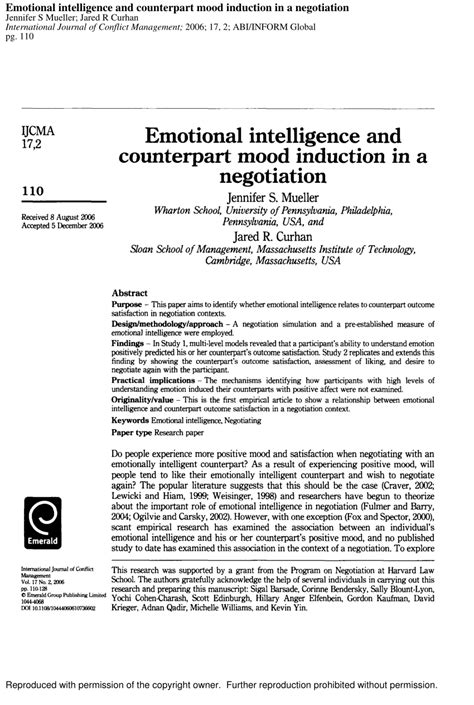 Pdf Emotional Intelligence And Counterpart Mood Induction In A