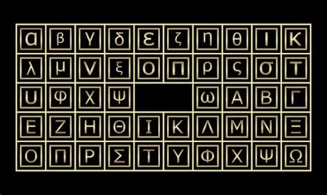 검은색 배경이 있는 사각형의 그라데이션 황금 그리스 문자 프리미엄 벡터