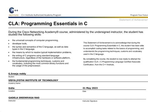 Earned C Programming Certificate Gangula Sreeja Reddy Posted On The