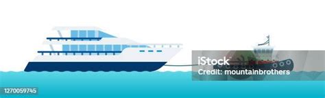 예인선의 일러스트는 밧줄로 전동 요트가 바다 벡터 플랫 아이콘을 고립시키는 데 도움이됩니다 예인선에 대한 스톡 벡터 아트 및 기타 이미지 Istock