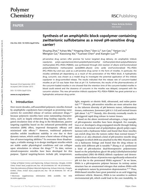 Pdf Synthesis Of An Amphiphilic Block Copolymer Containing
