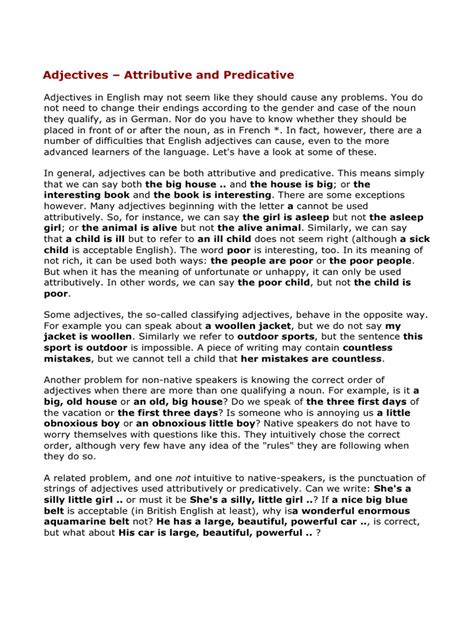 Adjectives Attributive And Predicative Pdf Adjective Linguistic