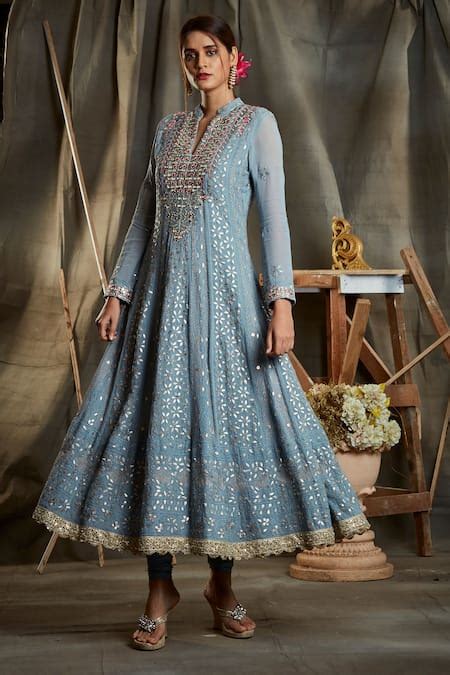 Shop Sunita Nagi Grey Lucknowi Fabric Nylon Chikankari Mirror Work