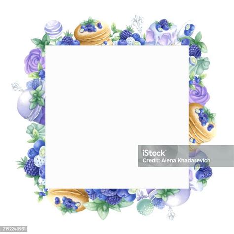 팬케이크 케이크 블루베리 블랙베리 아이스크림 마시멜로 케이크 팝 휘핑크림 손으로 그리기 수채화 고립 된 그림 베이커리 디자인을 위한 텍스트를 위한 복사 공간이 있는 정사각형