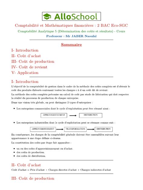 Comptabilite Analytique 5 Determination Des Couts Et Resultats Cours Pdf