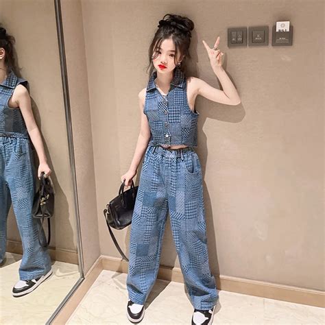 프린트 데님 체크 조끼 셔츠 및 와이드 레그 팬츠 세트 한국 스타일 여아 의류 여름 청바지 어린이 패션 그릴 Aliexpress