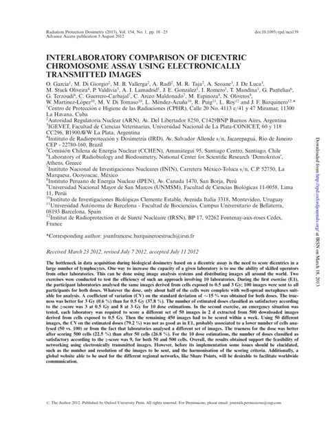 Pdf Interlaboratory Comparison Of Dicentric Chromosome Assay Using Electronically Transmitted